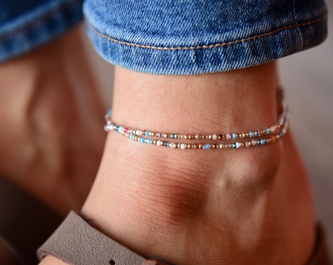 MAKE'N WAVES - Dainty Seaside Blue Beaded Anklet - Double Wrap Stretchy ...