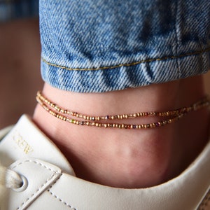 STARDUST - Gold Luster Beaded Anklet - Double Wrap Anklet - Stretchy Anklet - Anklets for Women ...