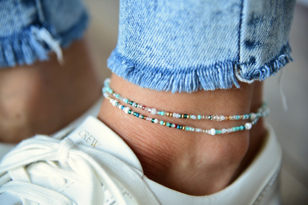 SAIL AWAY - Sea Blue and Crystal Dainty Beaded Anklet - Double Wrap ...