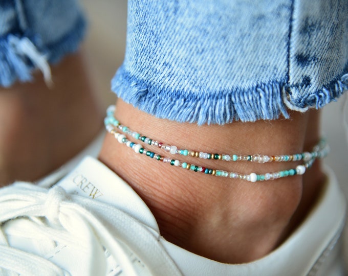 SAIL AWAY - Sea Blue and Crystal Dainty Beaded Anklet - Double Wrap Stretchy Anklet - Beachy ...