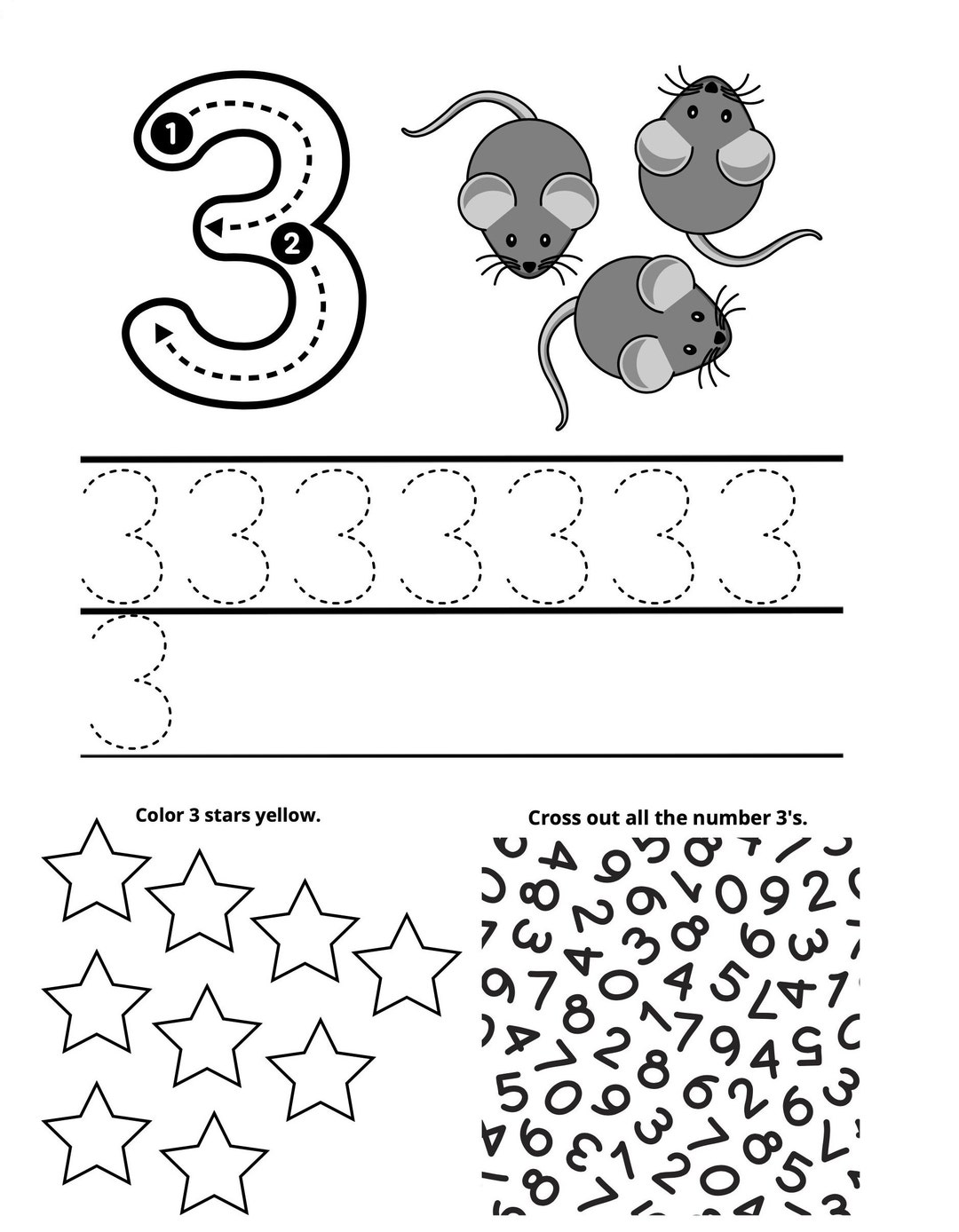 Printable Number 3 Worksheet - Etsy