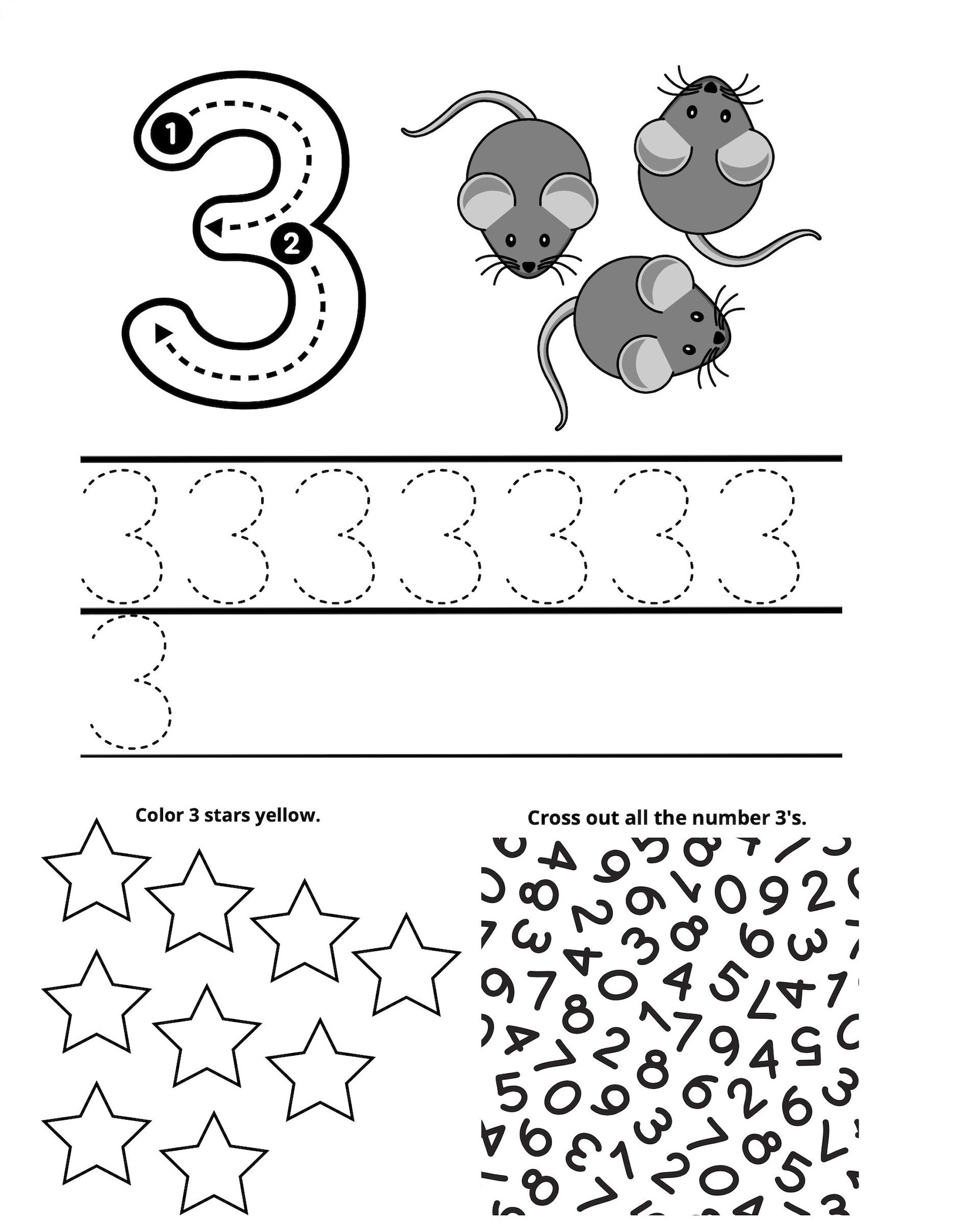 Printable Number 3 Worksheet - Etsy