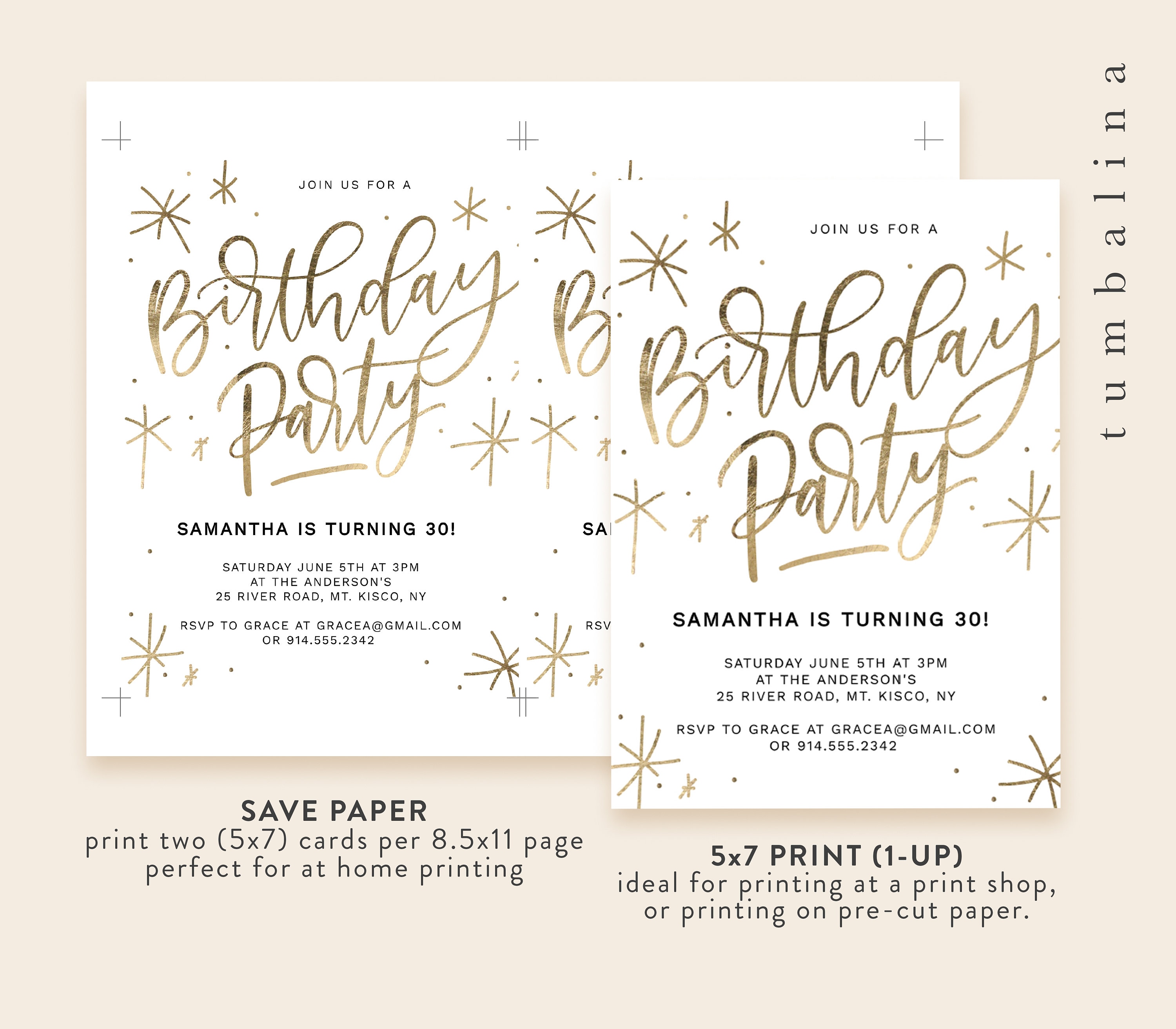 Gold Birthday Party Invitation, Birthday Invite, Editable Template ...