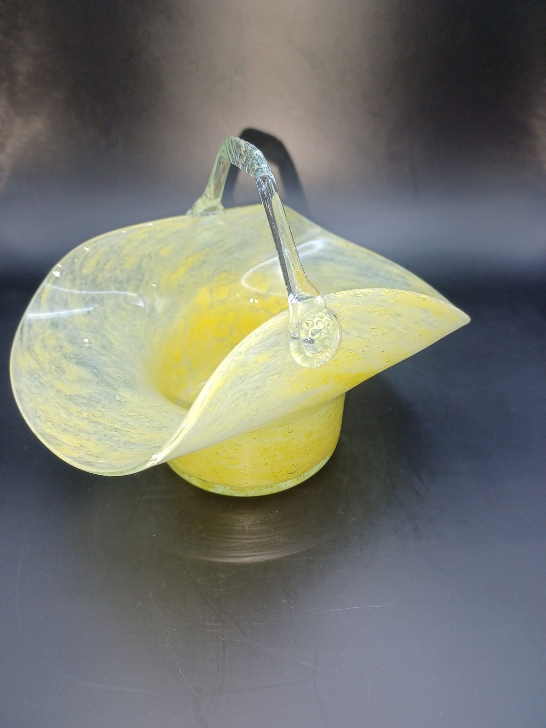 Vintage Nazeing Glass Posy Vase Yellow Mottled Glass Hand Applied Clear ...