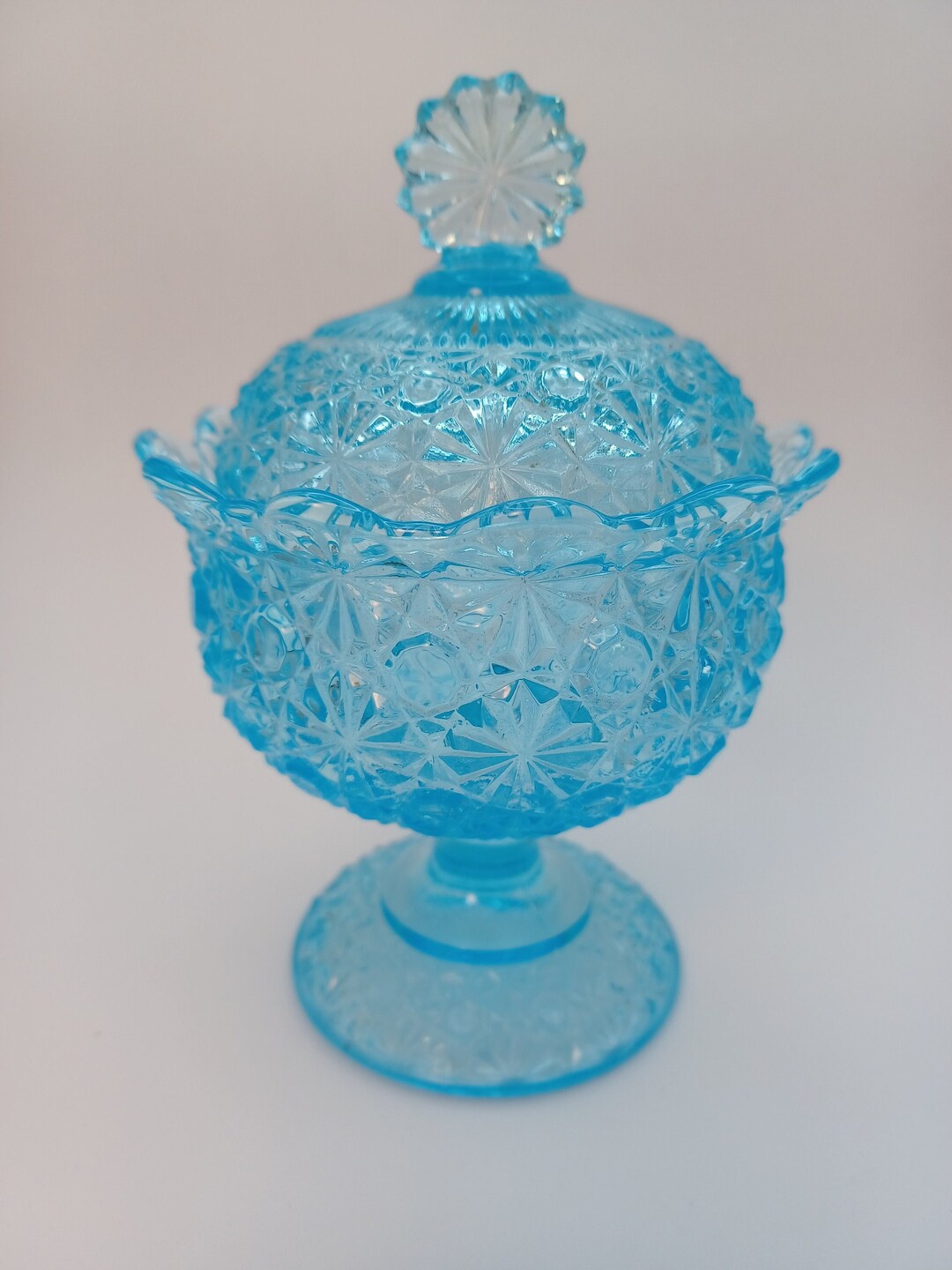 Vintage Glass Fenton L.G. Wright Aqua Candy Dish With Finial Lid Daisy ...