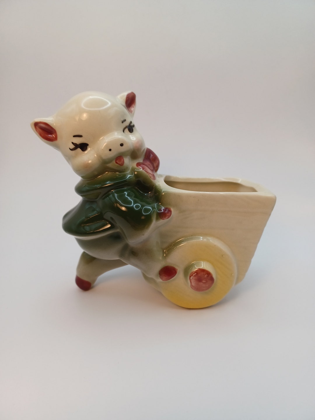 Vintage Pig Planter Pig With Cart Wheelbarrow Green Coat - Etsy