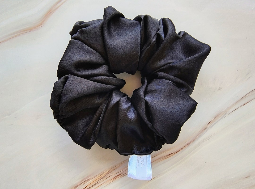 Black Silk Scrunchie, Hair Elastic, Hair Tie, Black Scrunchie, Ponytail ...