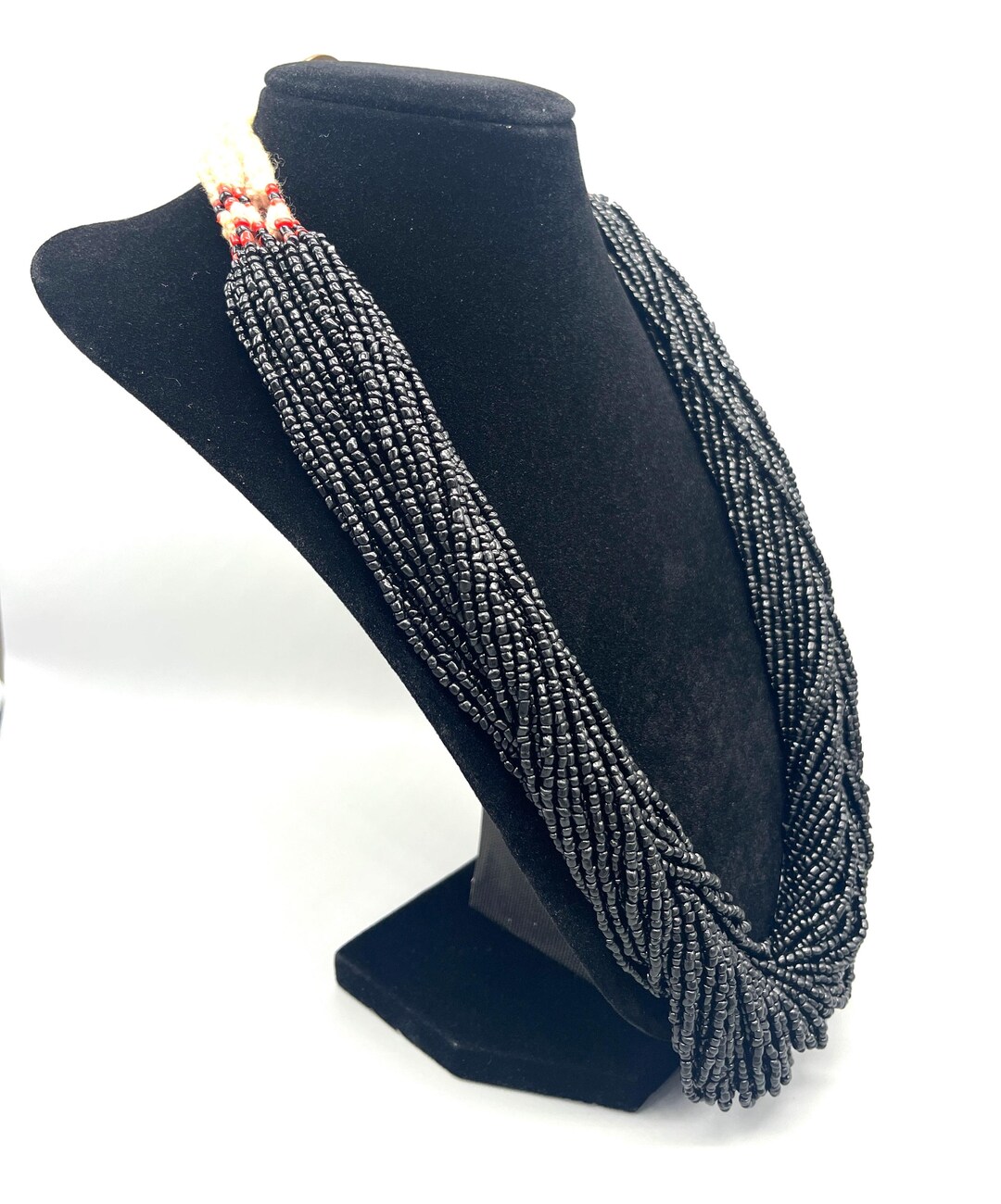 Multi Strand Black Bead Necklace: Crocheted Thread, Metal Button - Etsy