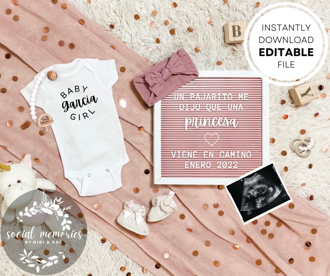 BABY GIRL SPANISH Pregnancy Announcement | Digital Editable Template ...