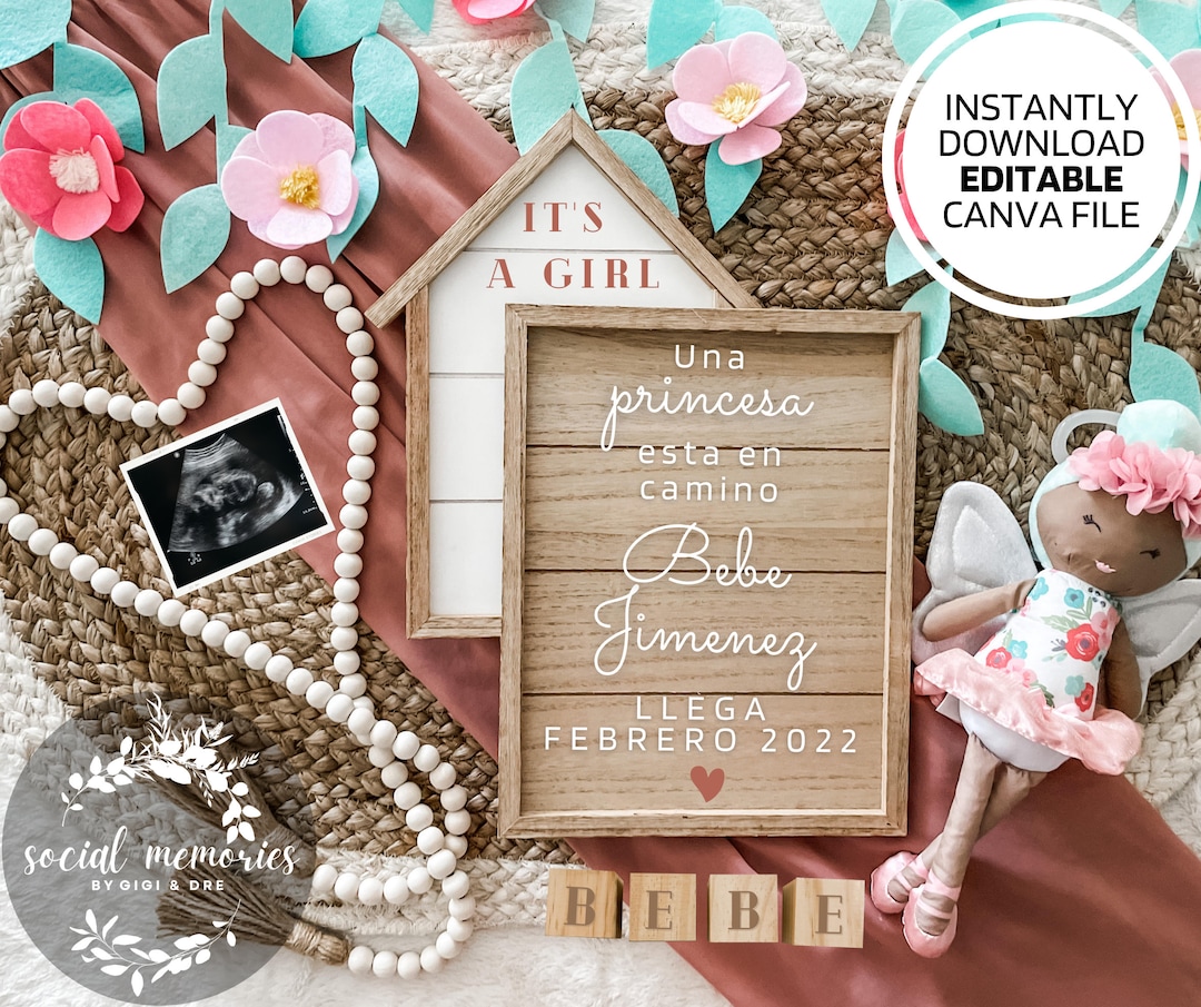 Baby Girl Spanish Pregnancy Announcement: Editable Template (digital ...