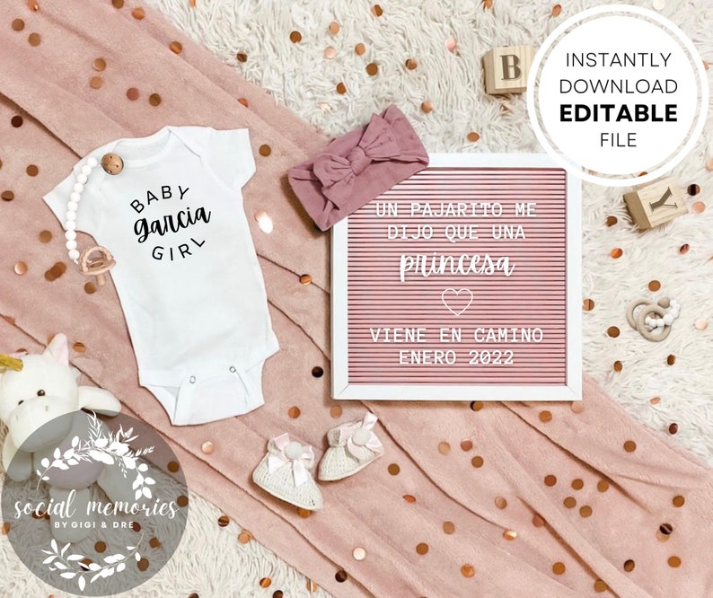 BABY GIRL SPANISH Pregnancy Announcement | Digital Editable Template ...