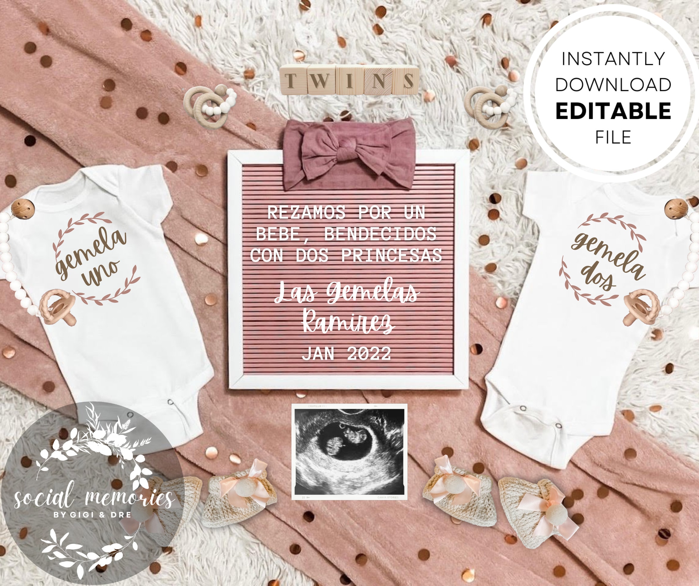 Twin Girls Spanish Pregnancy Announcement: Social Media Template ...