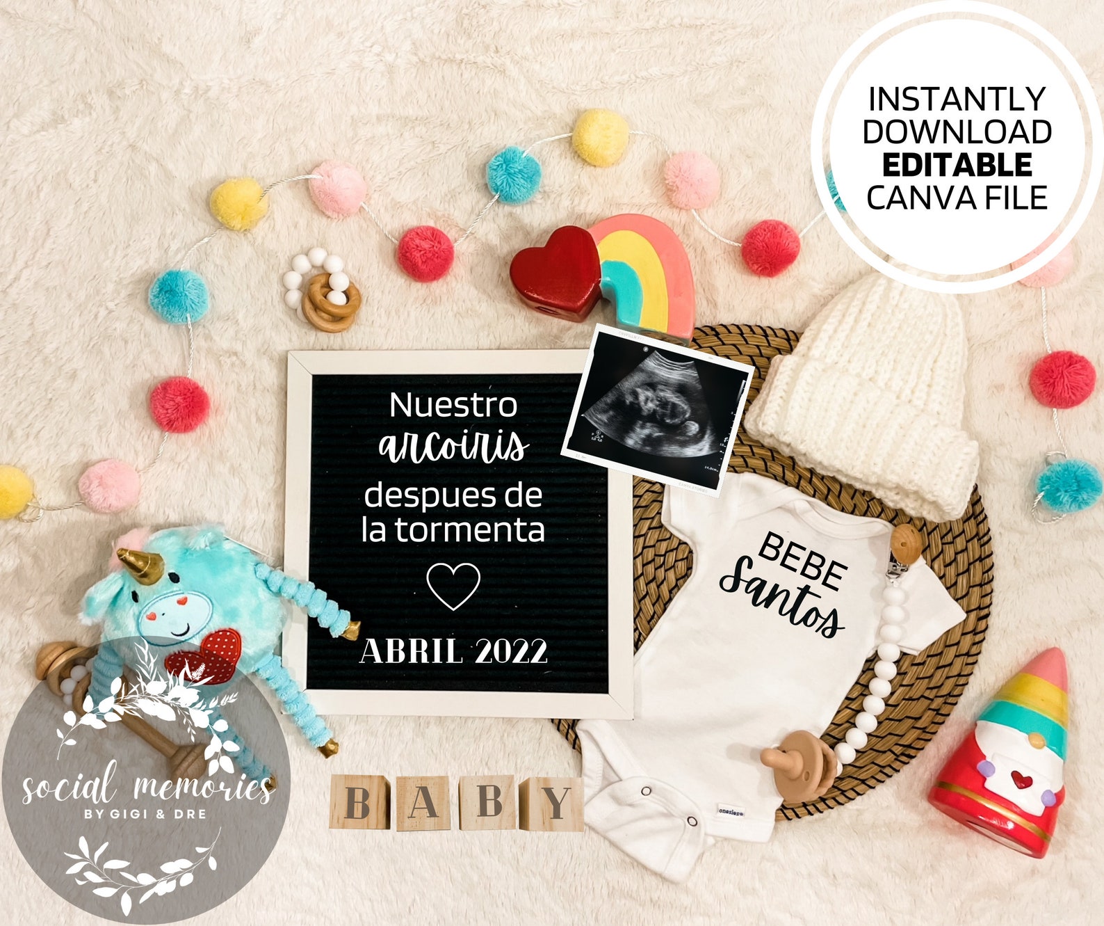 RAINBOW BABY SPANISH Pregnancy Announcement Digital Editable - Etsy