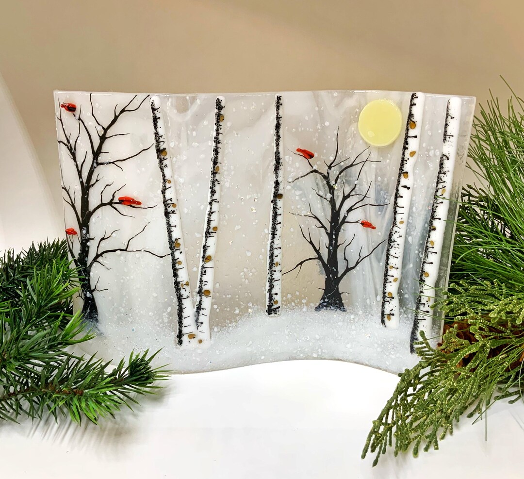 Cardinals in Falling Snow; Handmade Fused Glass; Winter Scene; Home ...