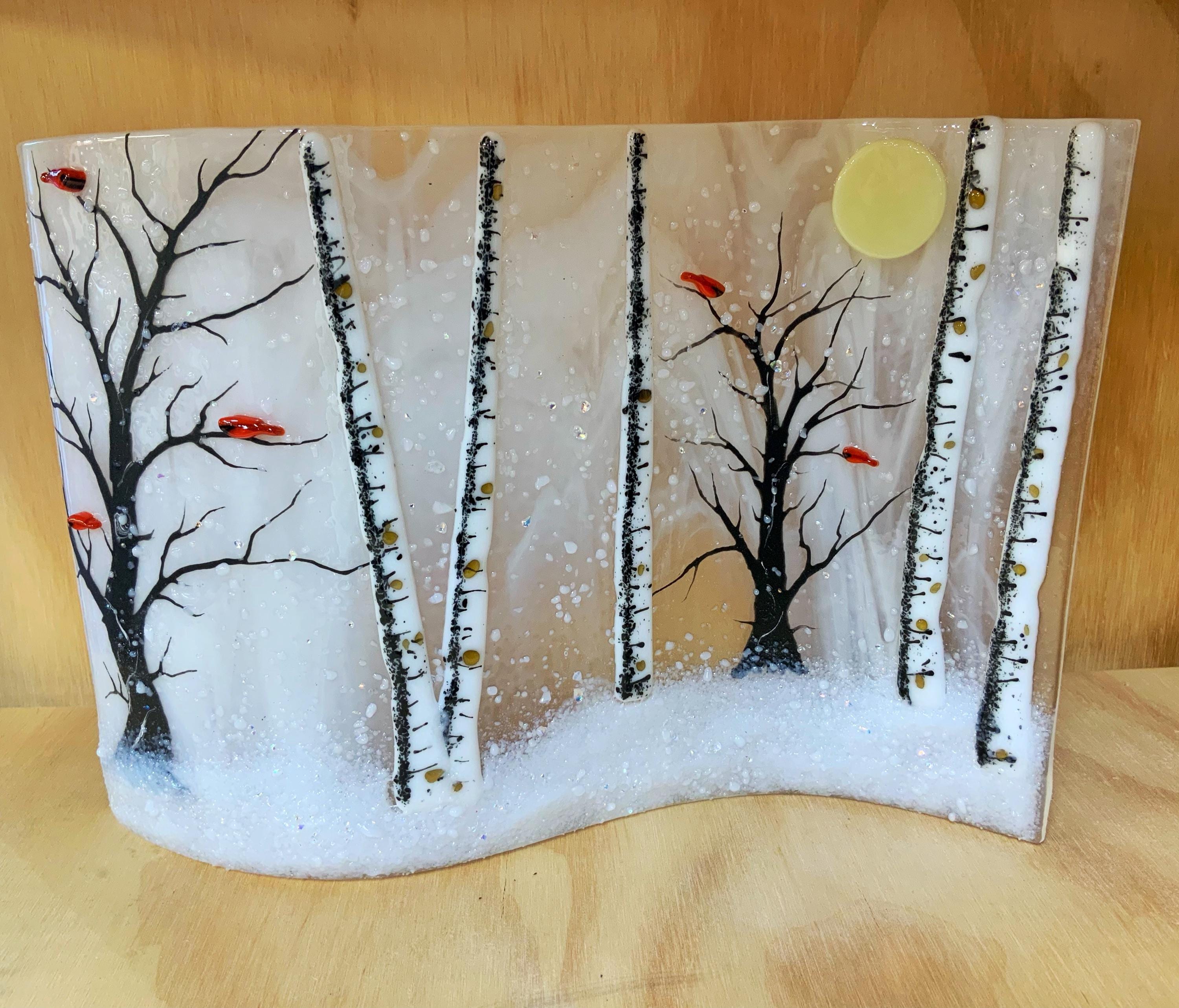 Cardinals in Falling Snow; Handmade Fused Glass; Winter Scene; Home ...