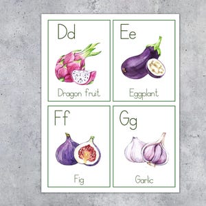 Fruit and Vegetables Alphabet Flashcards. Watercolor Letter Cards. Kids ...