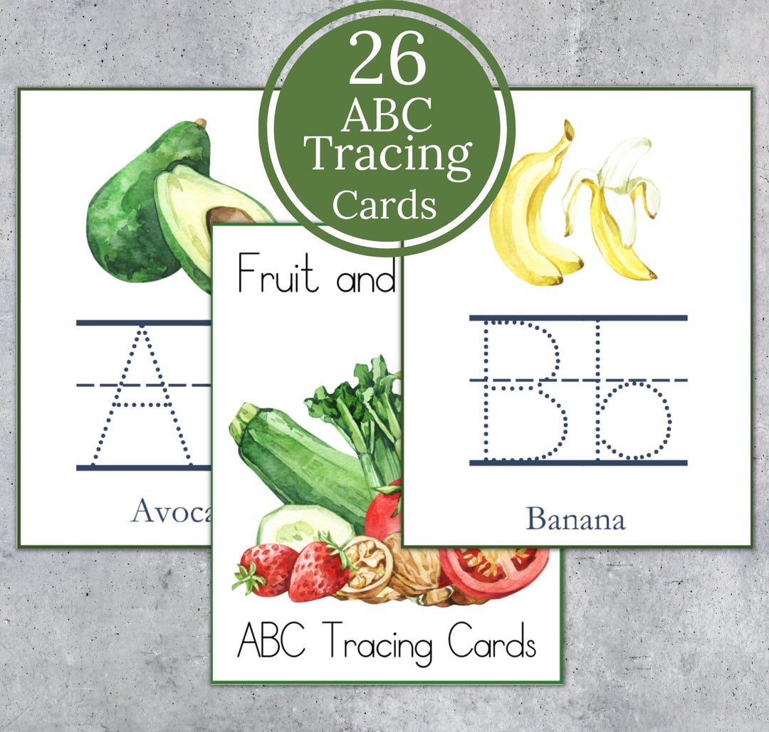 Fruit and Vegetables Alphabet Tracing Cards. Watercolor Letter Cards ...