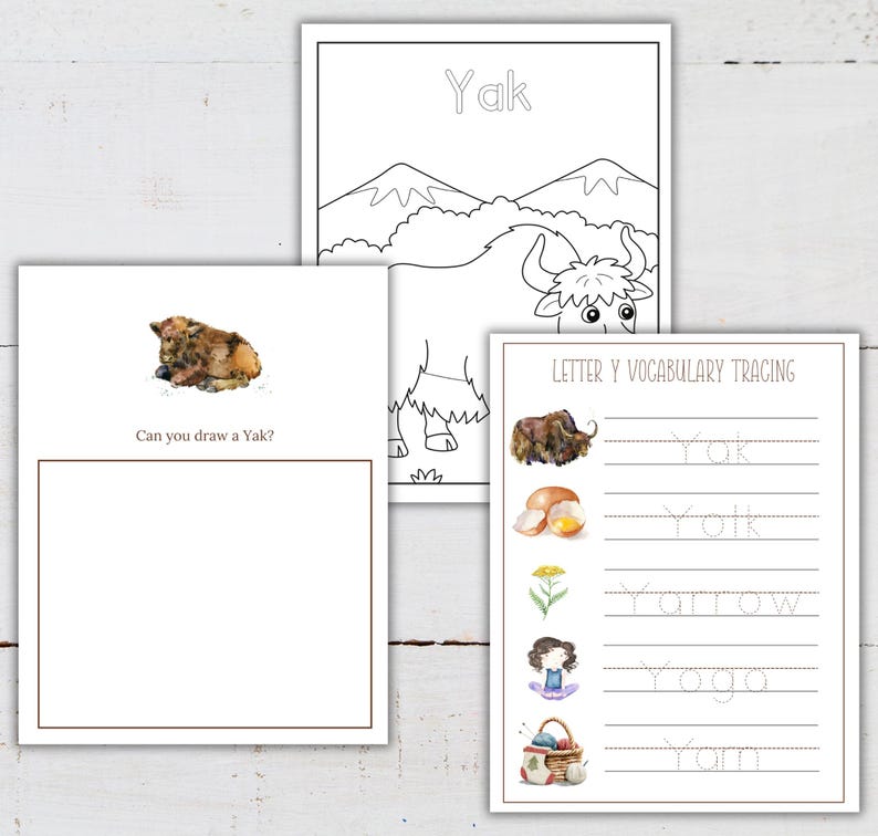 Letter Y Yak Alphabet Learning Printables (digital Download) - Etsy