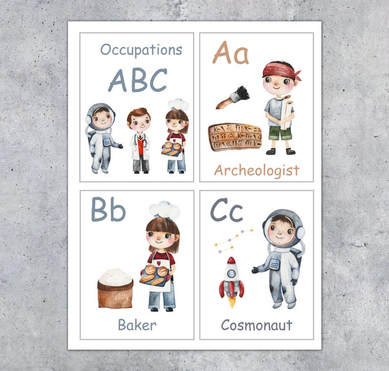 OCCUPATIONS Alphabet Flashcards. Watercolor Letter Cards. Kids ...