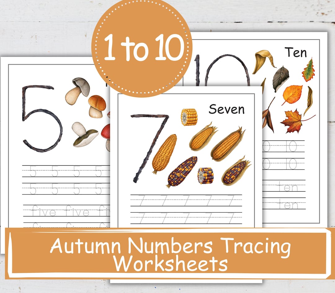Autumn Number Tracing Pages for Kids: 1-10 Worksheets (PDF) - Etsy