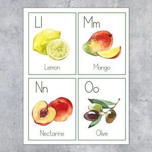 Fruit and Vegetables Alphabet Flashcards. Watercolor Letter Cards. Kids ...