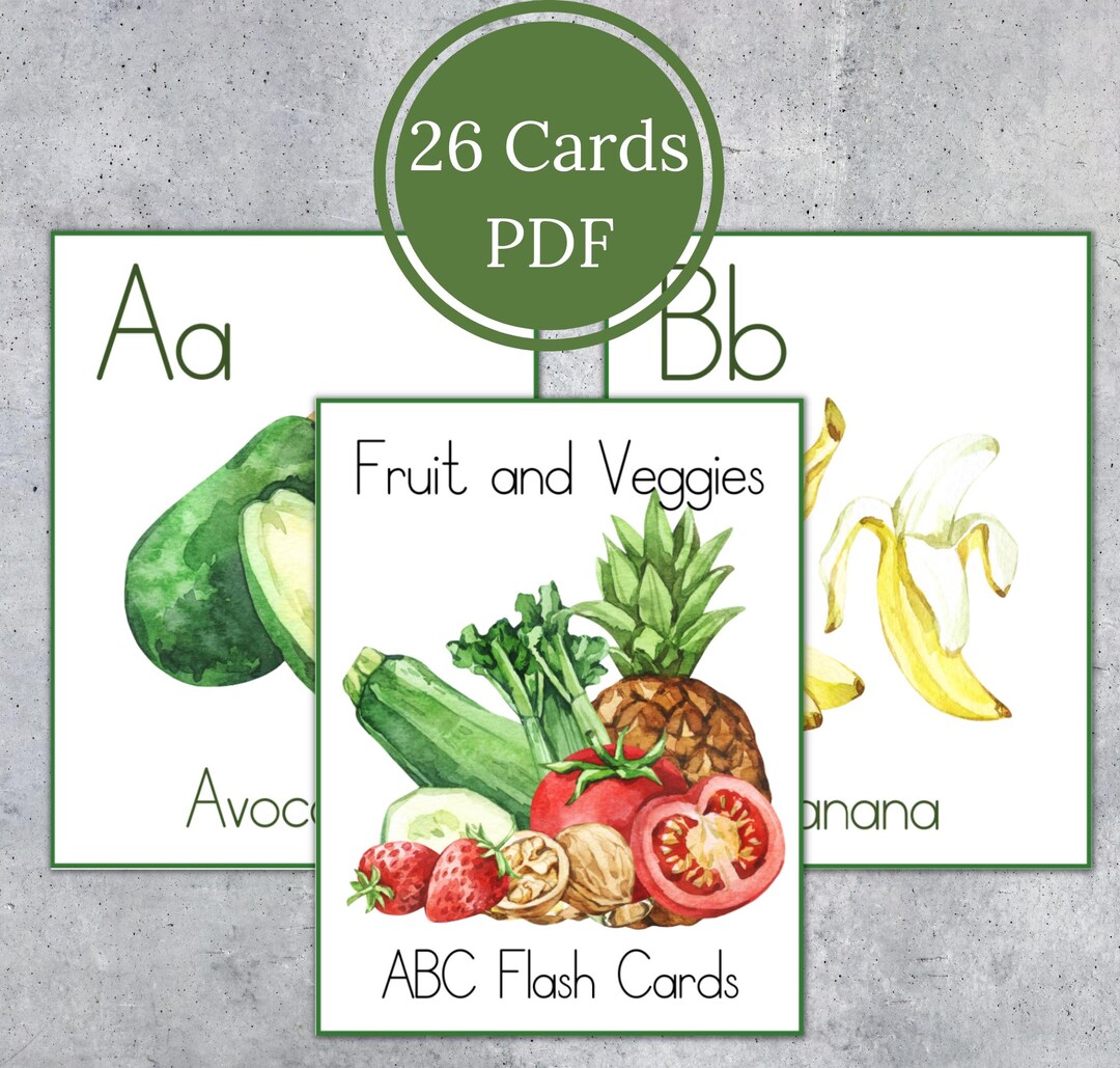 Fruit and Vegetables Alphabet Flashcards. Watercolor Letter Cards. Kids ...