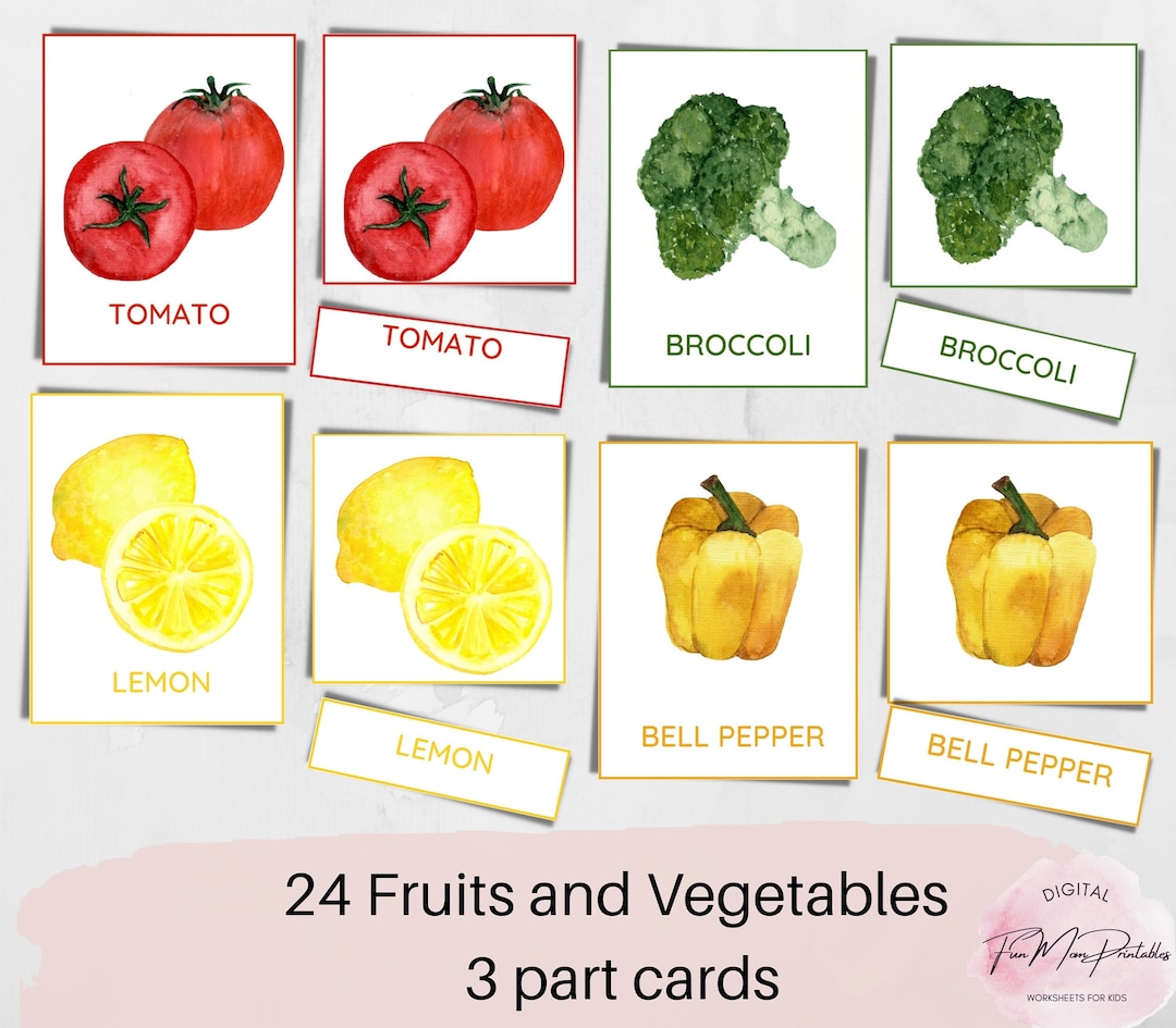 Fruits and Vegetables 3 Part Flashcards. Watercolor Cards for Toddlers ...