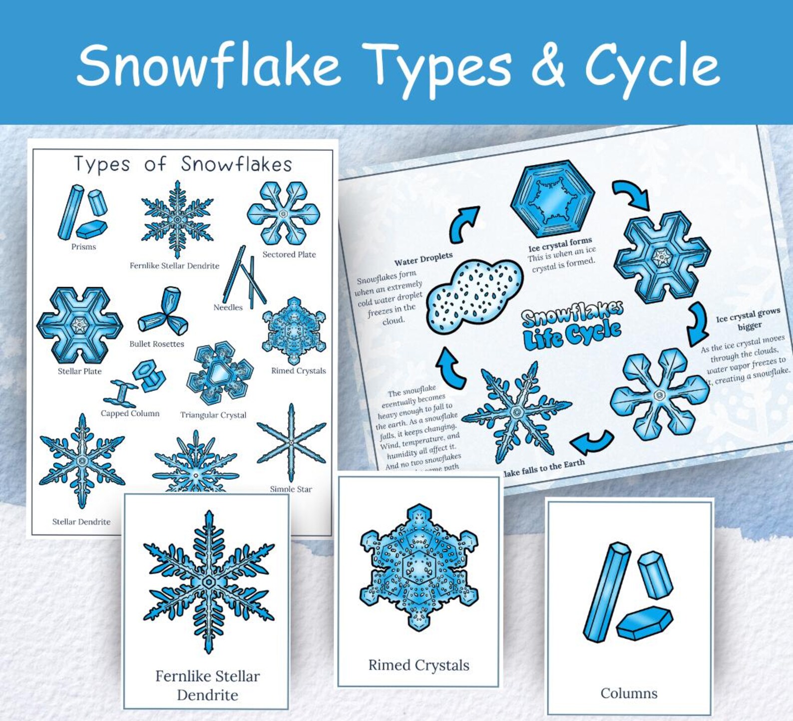 SNOWFLAKE Types and Cycle, Posters and 3-part Cards, Science ...
