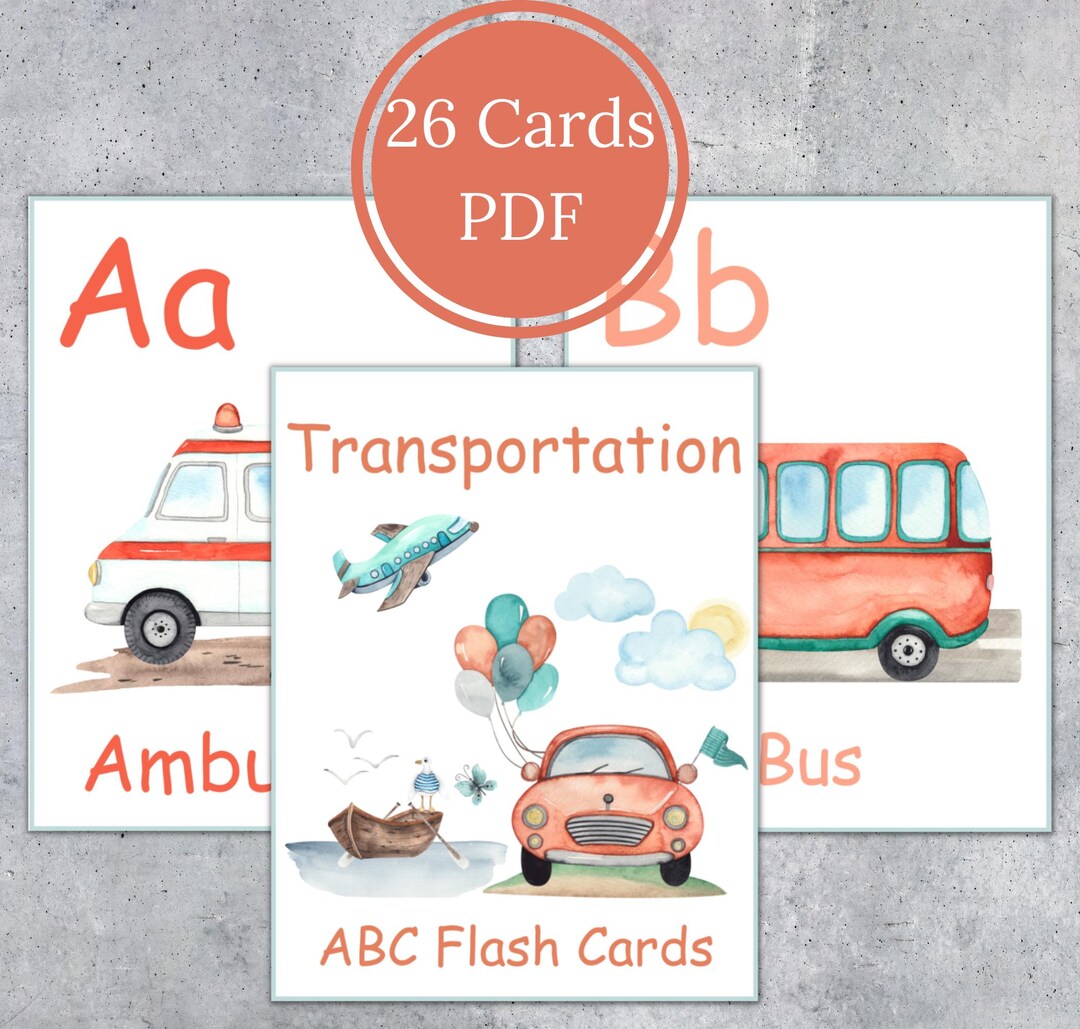 TRANSPORT Alphabet Flashcards. Watercolor Letter Cards. Kids Printable ...