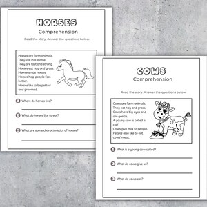 FARM Animals Reading Comprehension Worksheets for Kindergartners | 1st ...