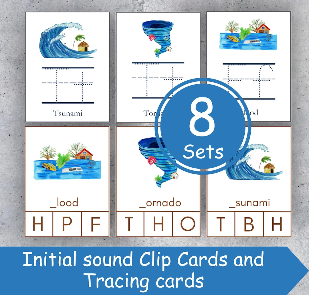 8 Natural Disasters Initial Sound Tracing Cards and Clip Cards ...