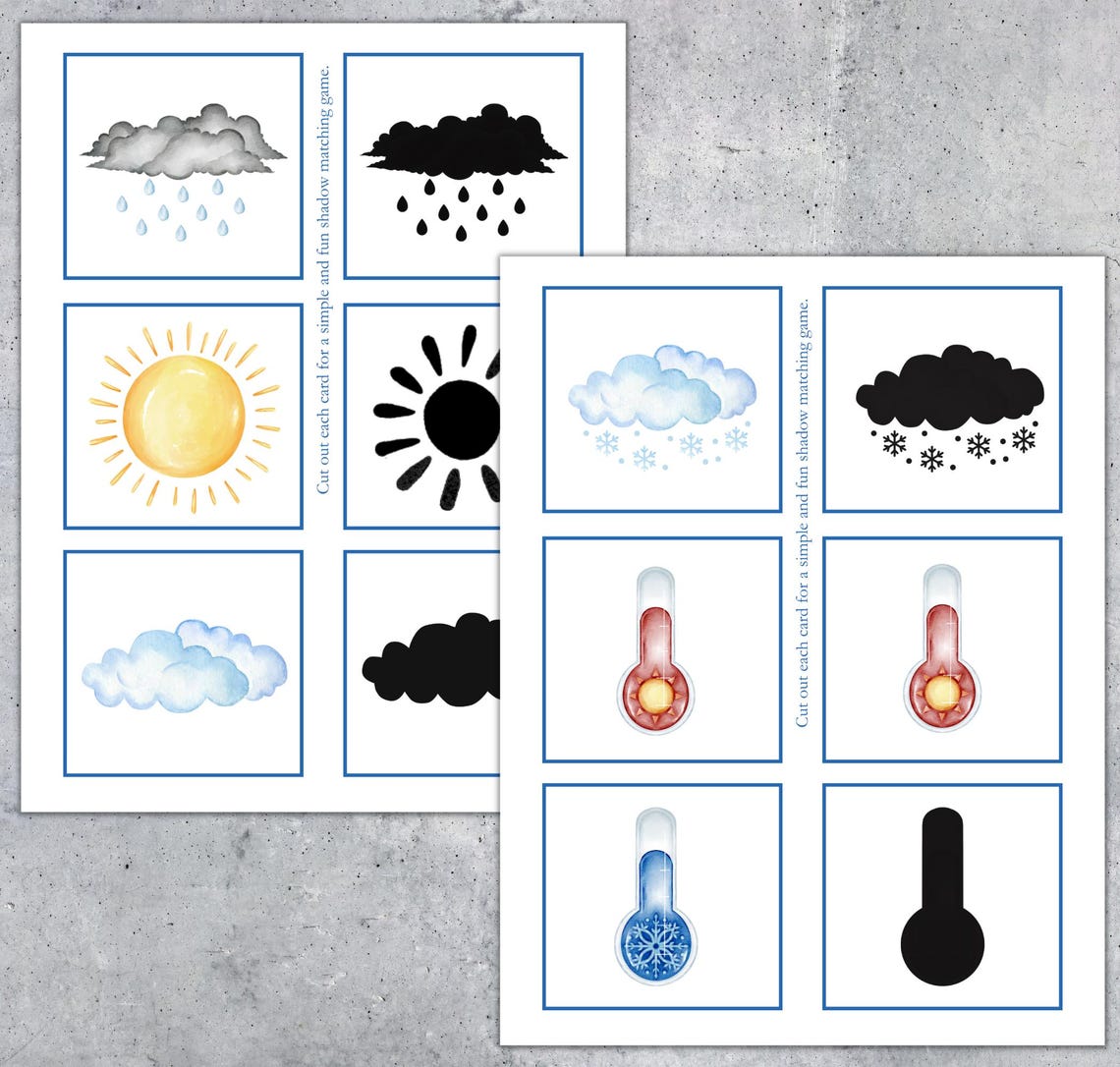 WEATHER Shadow Matching Cards. Toddler Montessori Printable. Instant ...