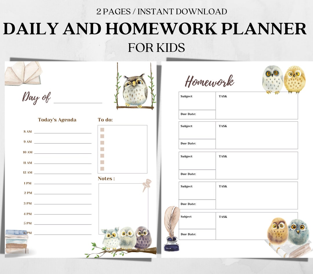Cute Owls Daily and Homework Planner for Kids, Planner for Kids ...