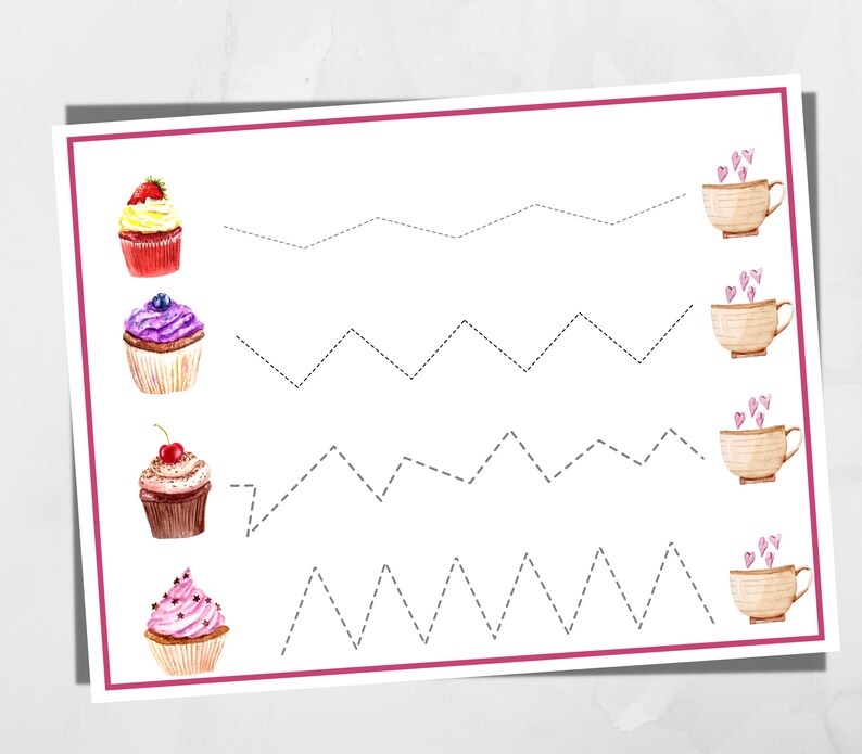 Line Tracing Worksheet: Tea Party Theme, Prewriting Practice (printable ...