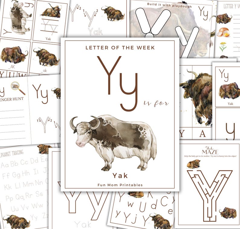 Letter Y Yak Alphabet Learning Printables (digital Download) - Etsy