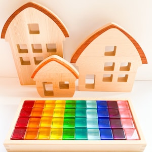 Waldorf Wooden Window Houses With Rainbow Acrylic Cubes | Montessori ...