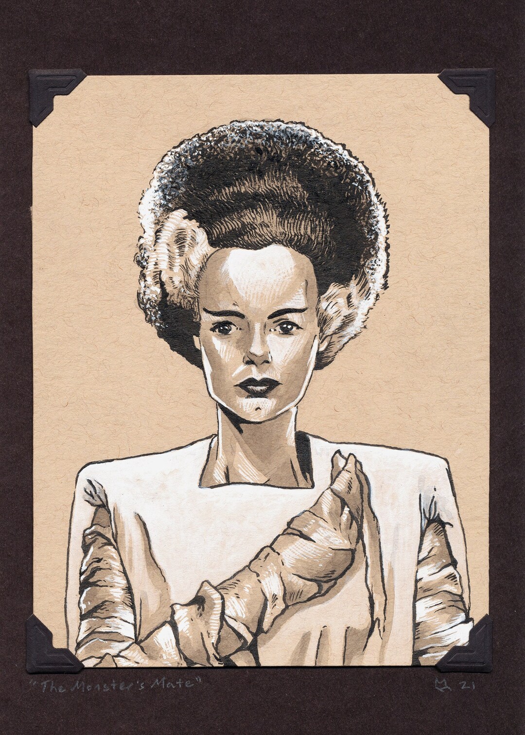 The Bride of Frankenstein Ink Drawing With Gouache - Etsy