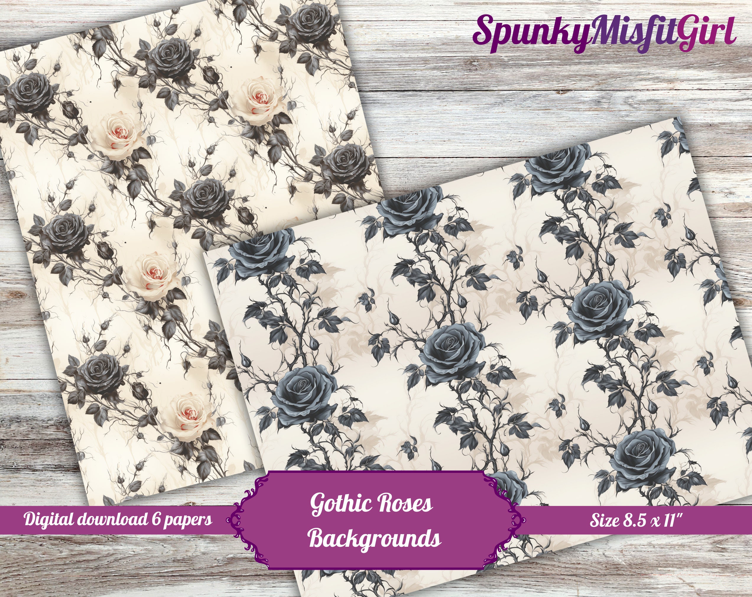 Gothic Roses Background Paper Junk Journal Paper Black Rose Papers Goth ...