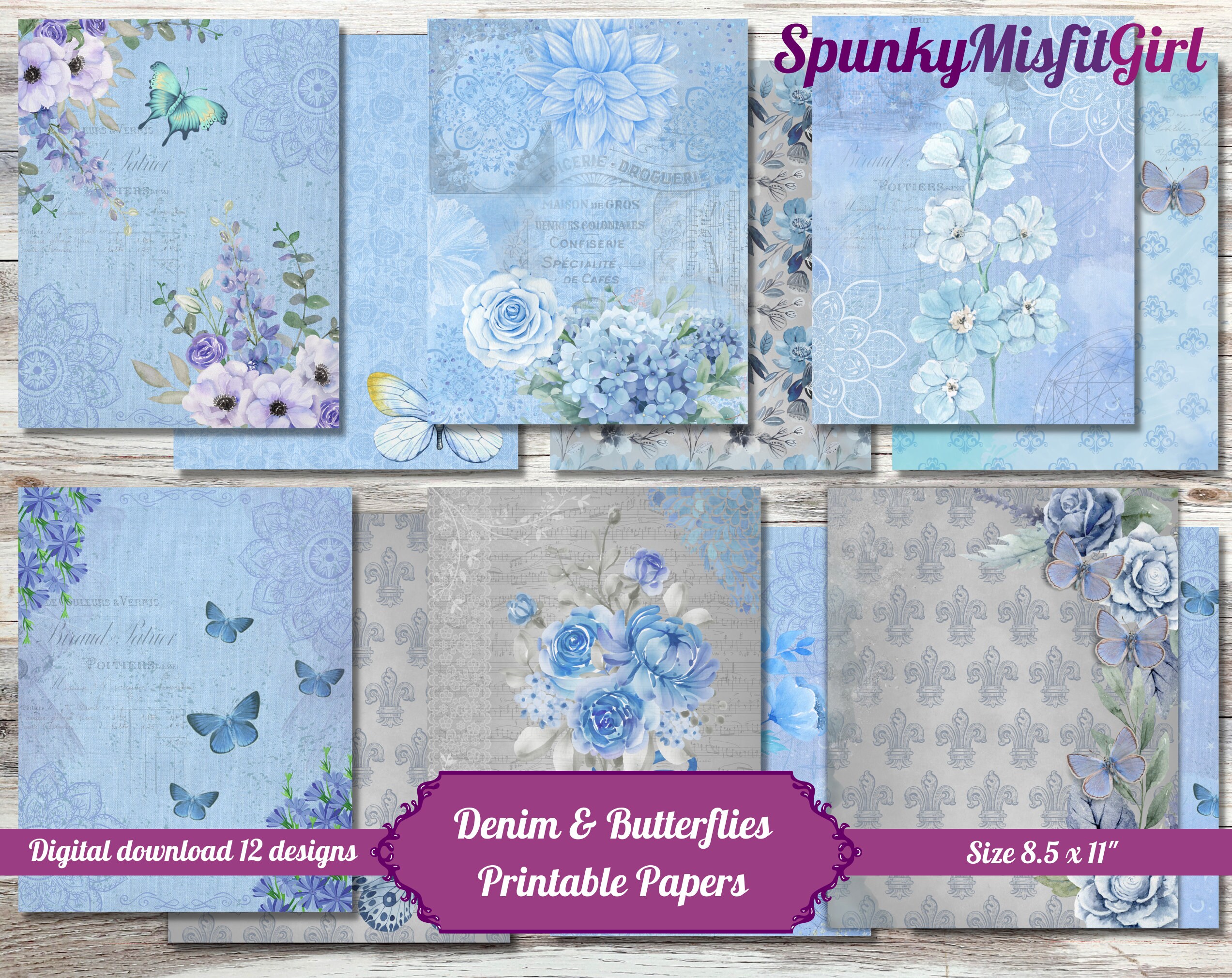 Blue Junk Journal Shabby Roses Paper Blue Butterflies Scrapbook Paper ...