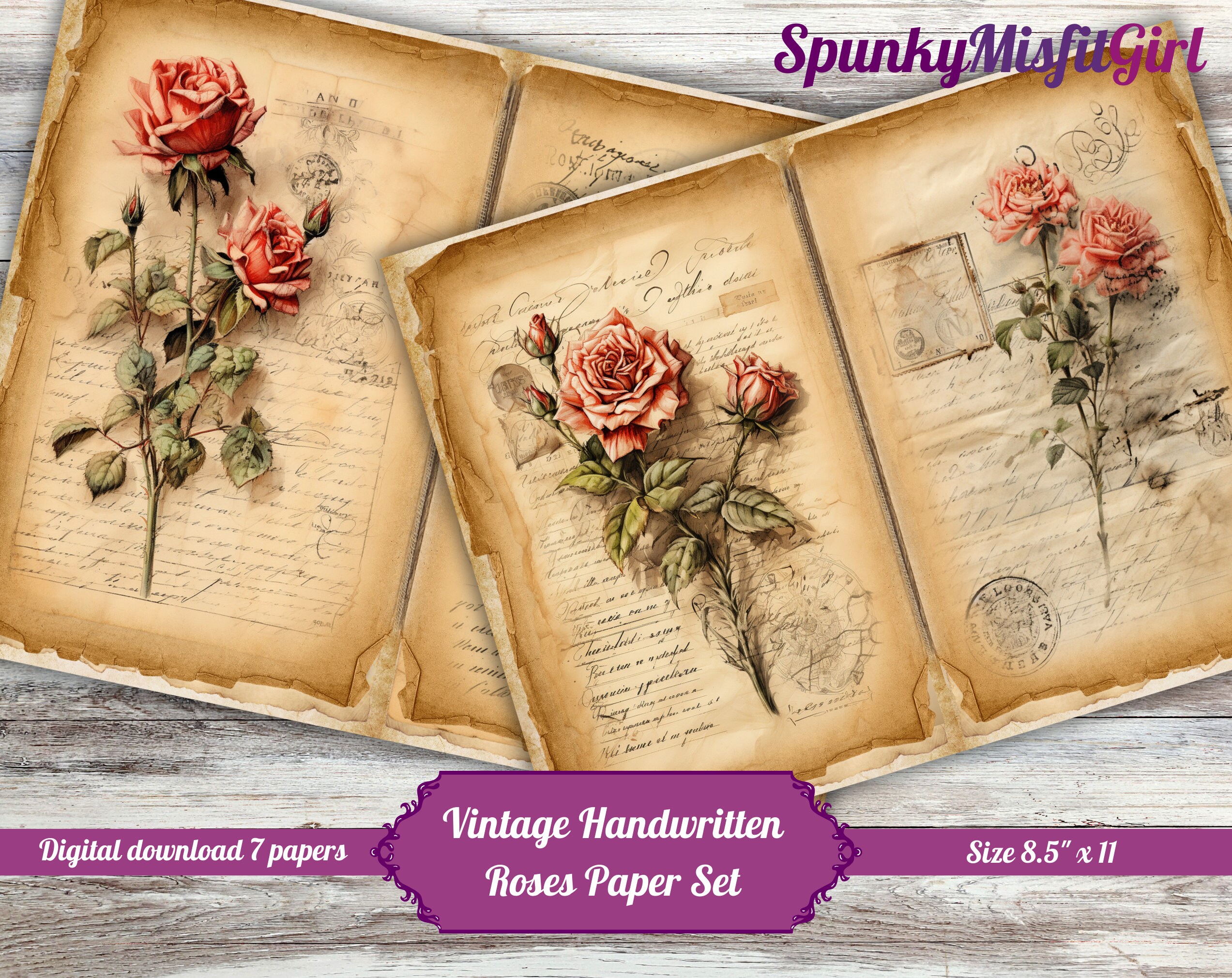 Vintage Script Paper Set Antique Roses Junk Journal Kit Rose Printable ...