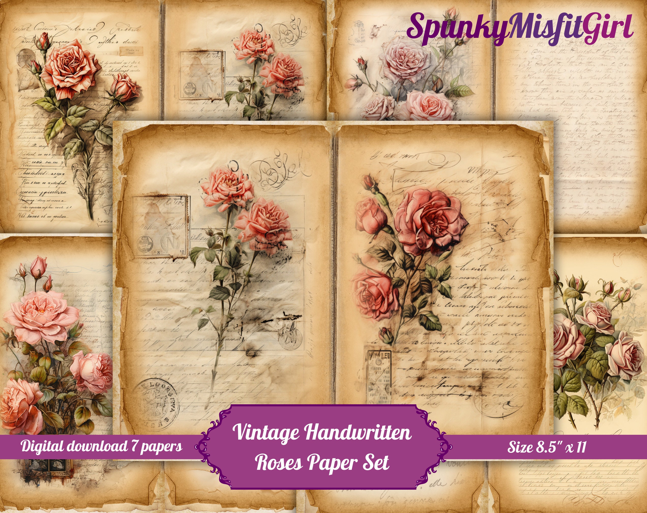 Vintage Script Paper Set Antique Roses Junk Journal Kit Rose Printable ...