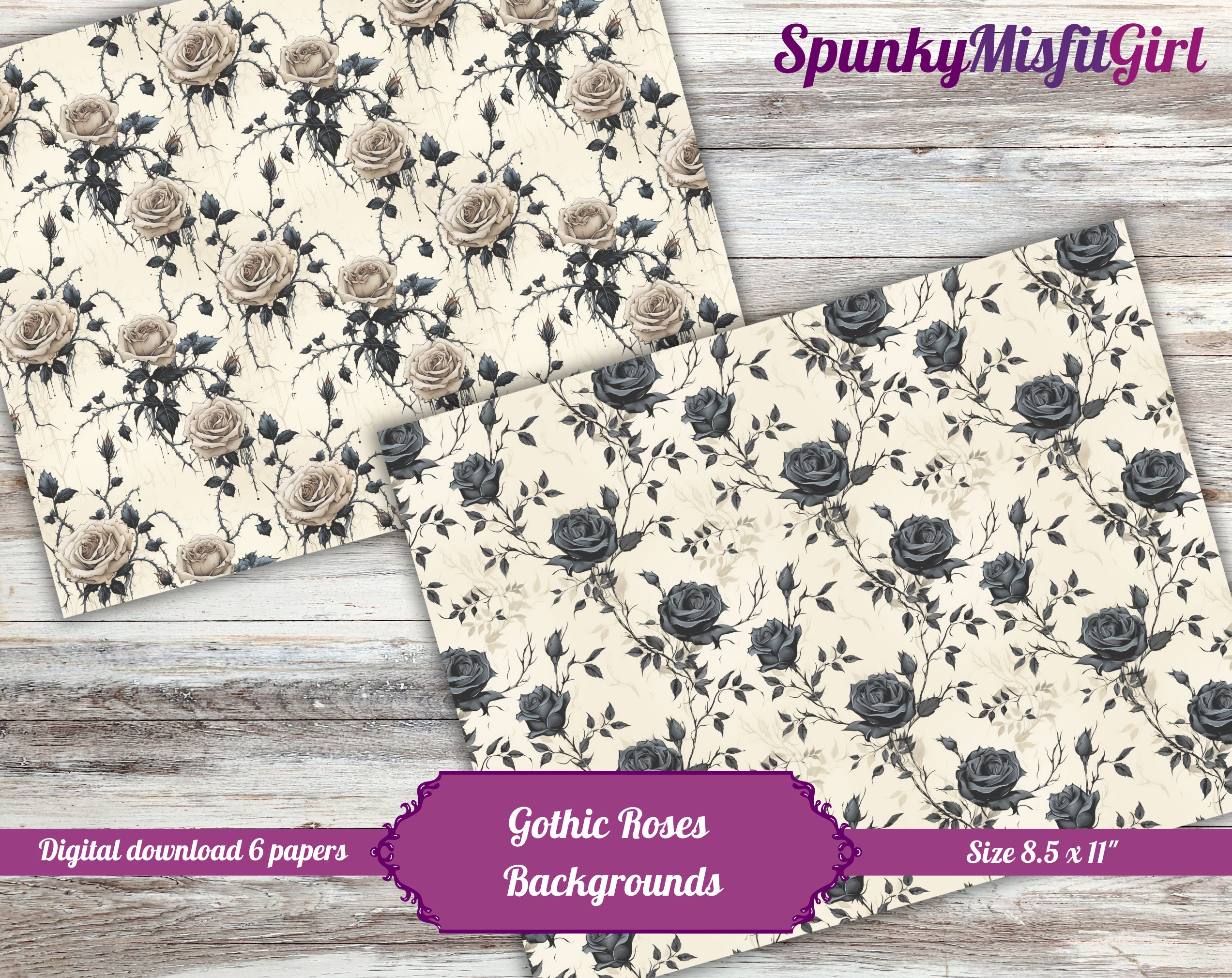 Gothic Roses Background Paper Junk Journal Paper Black Rose Papers Goth ...