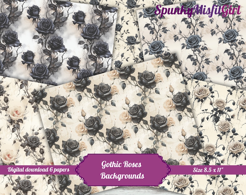 Gothic Roses Background Paper Junk Journal Paper Black Rose Papers Goth ...