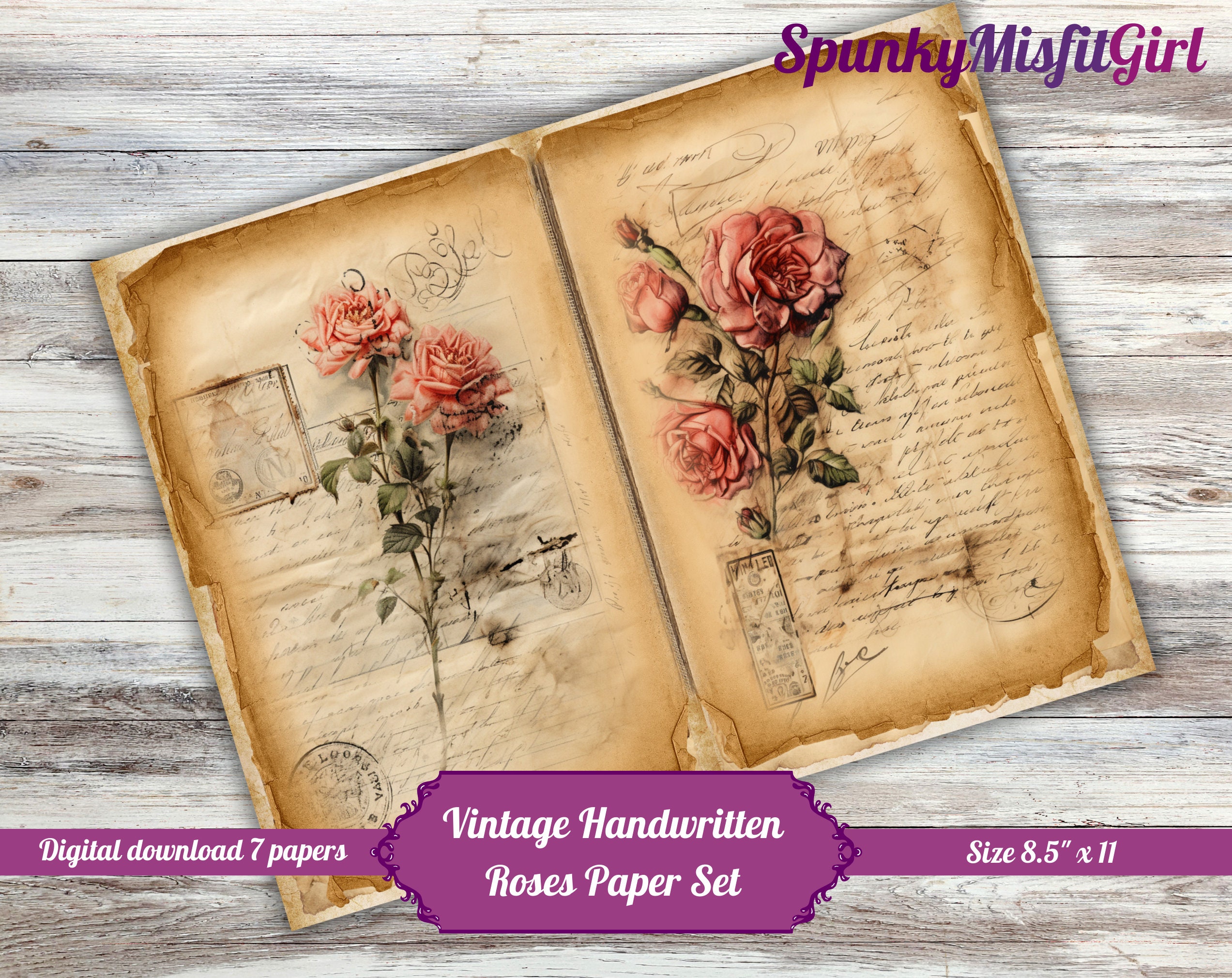 Vintage Script Paper Set Antique Roses Junk Journal Kit Rose Printable ...