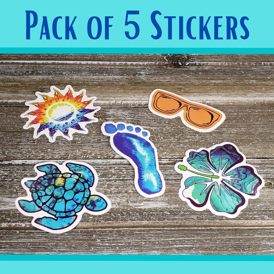 Pack of 5 Beach Themed Stickers Turtle Sticker Sun Sticker - Etsy