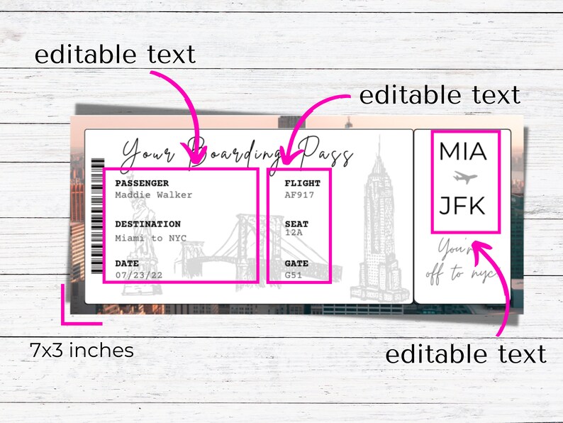 Editable NYC Boarding Pass Template | Personalized New York City Plane ...