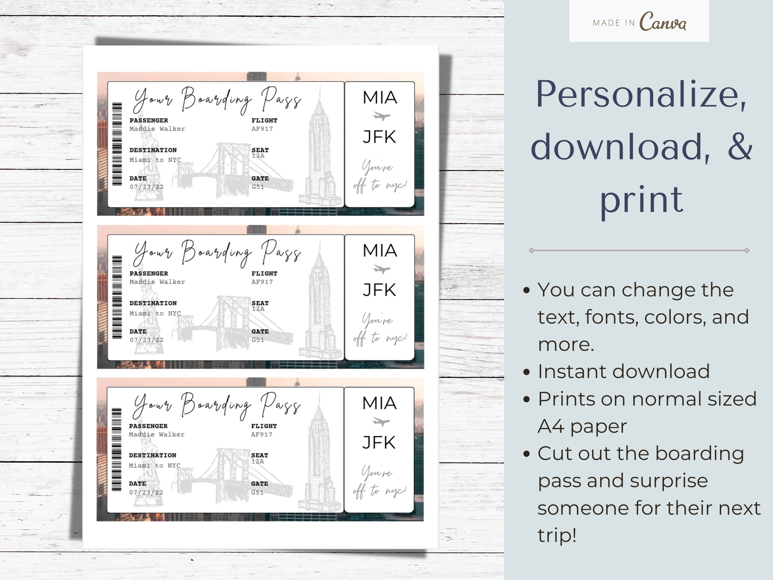 Editable NYC Boarding Pass Template | Personalized New York City Plane ...