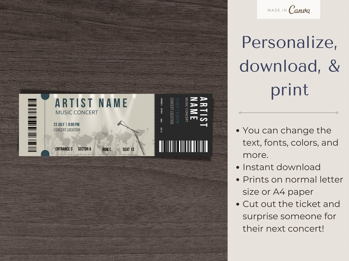 Editable Concert Ticket Template Personalized Concert Ticket Print at ...