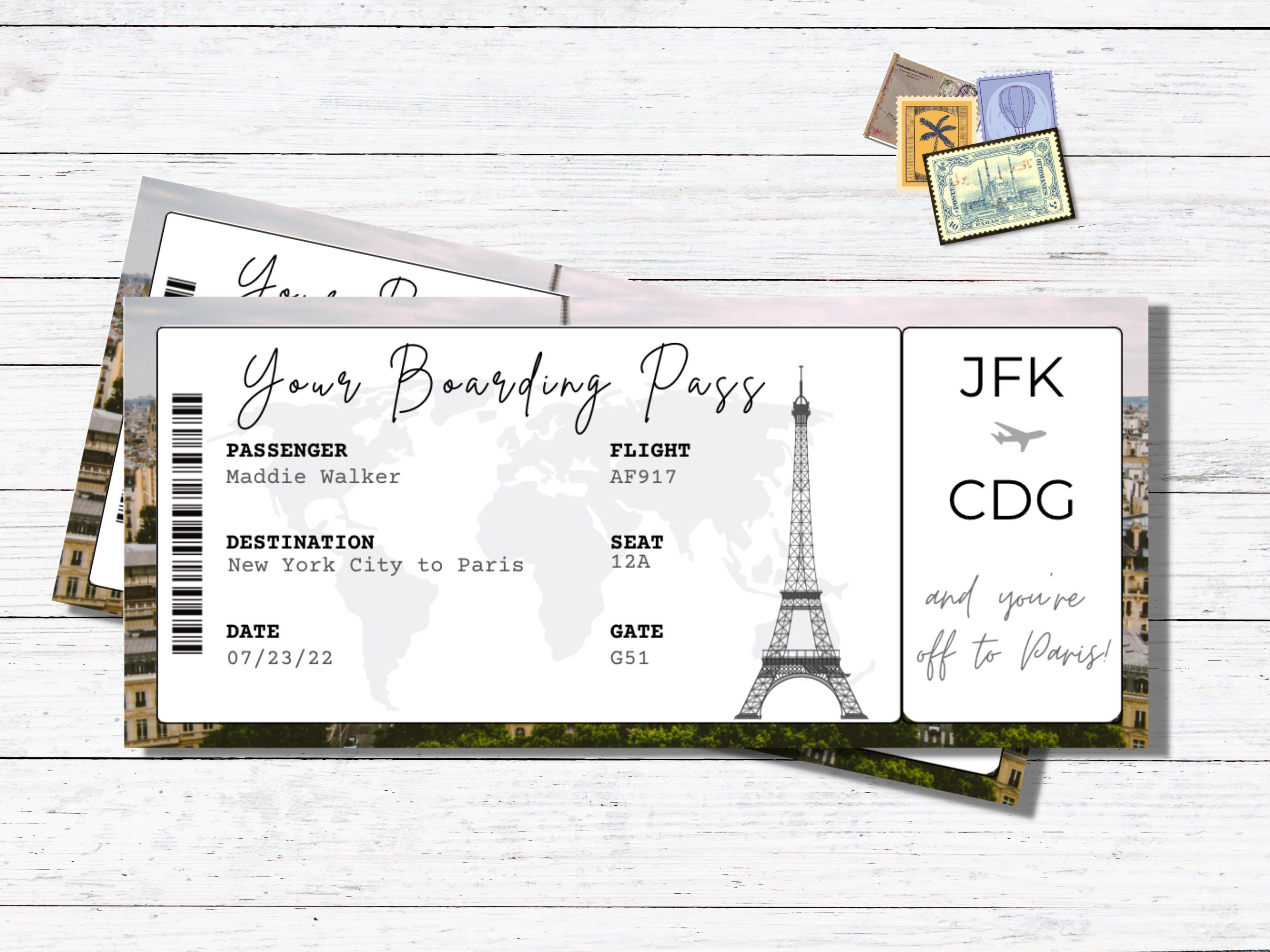 Editable Paris Boarding Pass Template | Personalized Paris Plane Ticket ...
