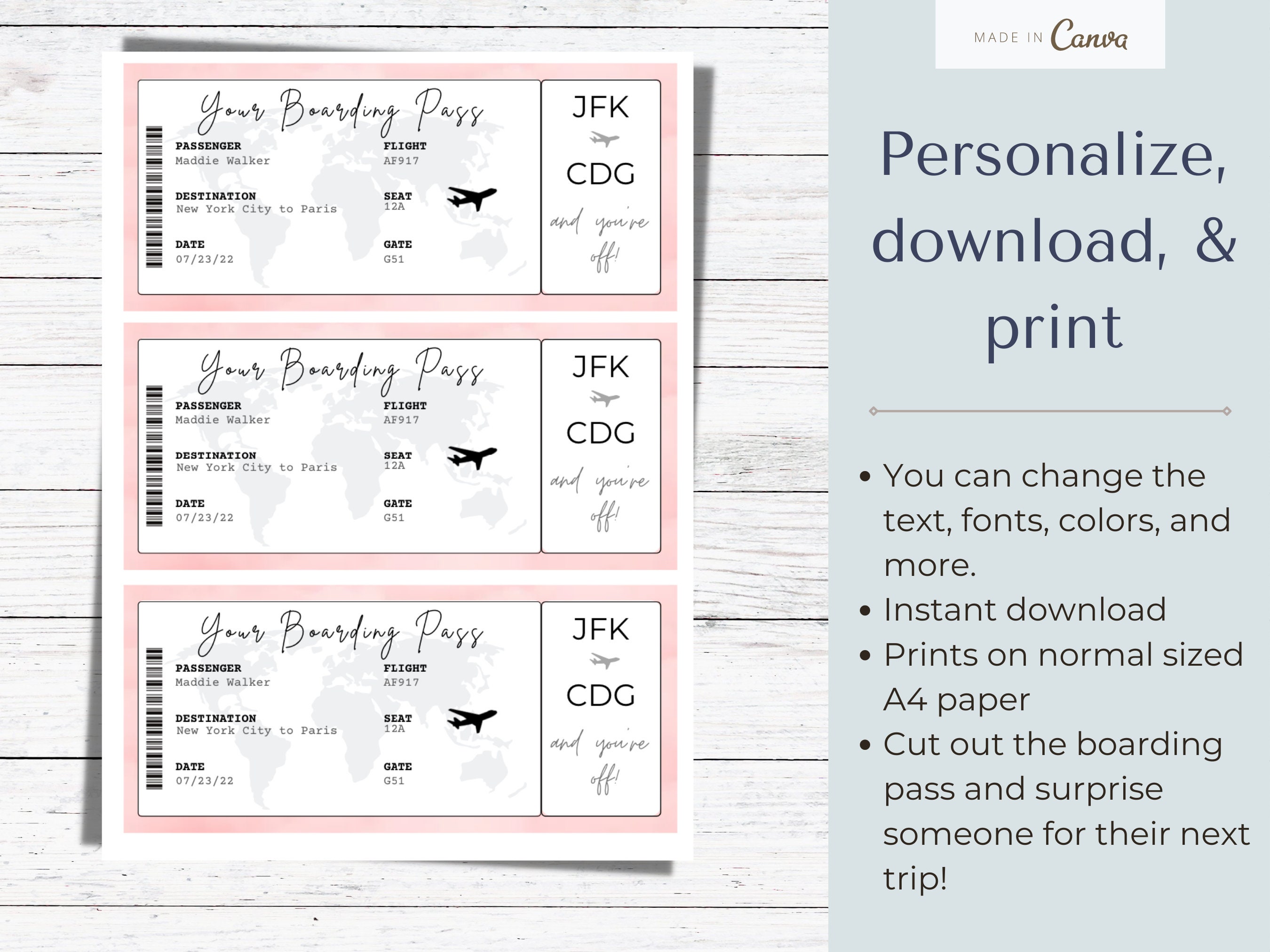 Editable Boarding Pass Template | Personalized Plane Ticket | Print at ...